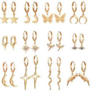 12 pairs gold butterfly dangle earrings for women - mini hoop earrings for women butterfly earrings cartikage earrings snake earrings moon star earrings sun earrings set for women cute earrings pack