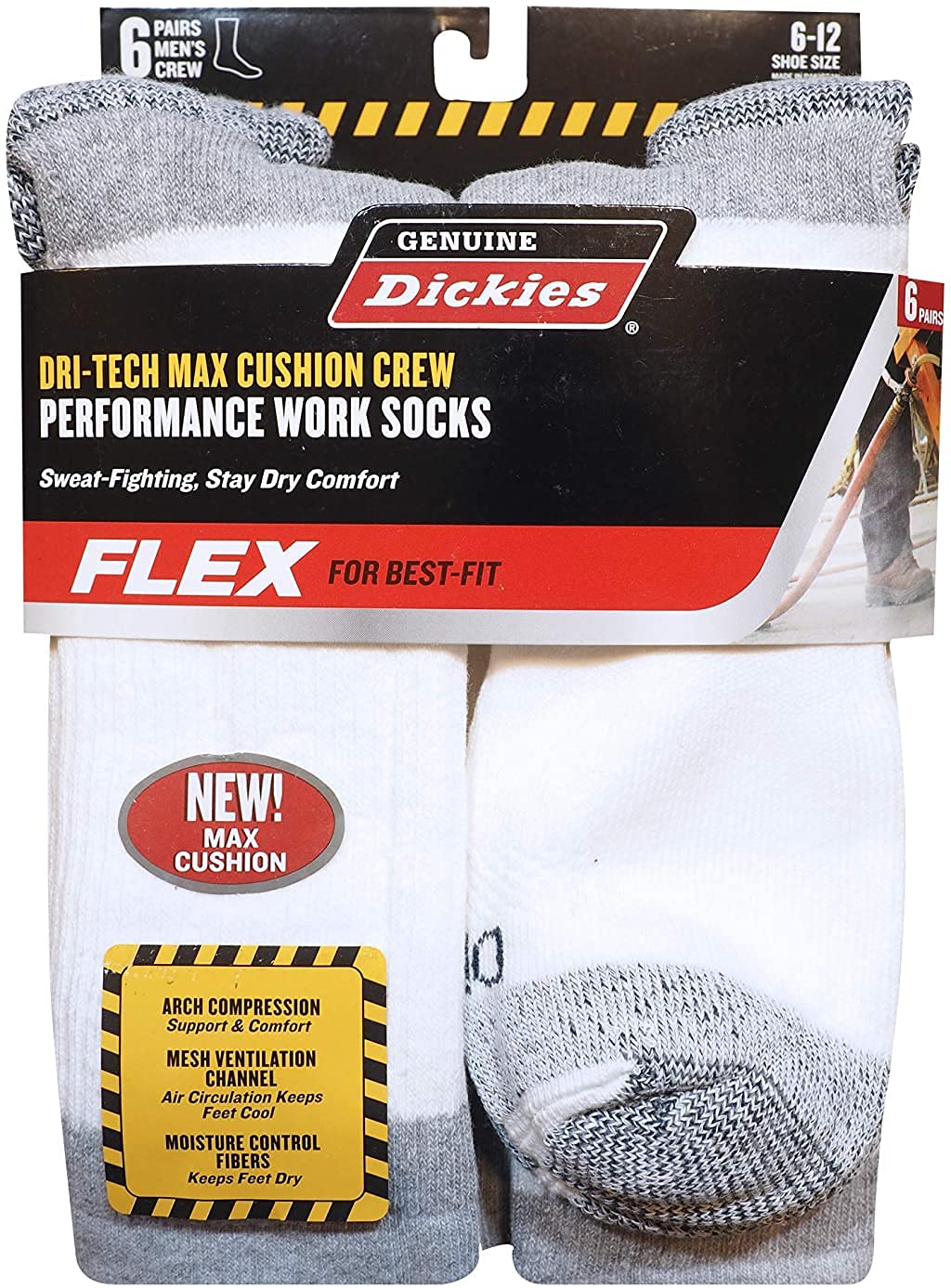 Genuine Dickies Men's Dri-Tech MAX CUSHION Crew Performance Work Socks (White/Grey) (Shoe Size: 6-12)