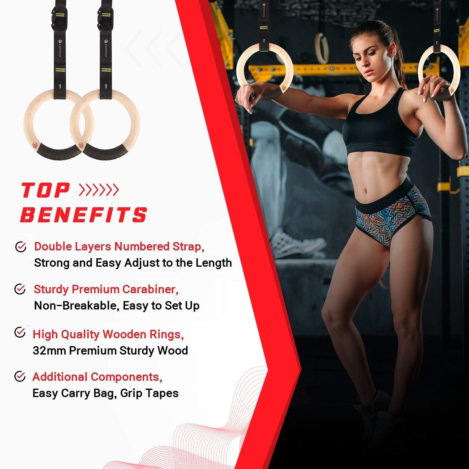 HARDYROAR Wood Gymnastic Rings - Gym Equipment for Crossfit, Body Training, Exercise and Workout - Easy Install Carabiners, Adjustable Number Straps, Non Slip Grip Tape Rings