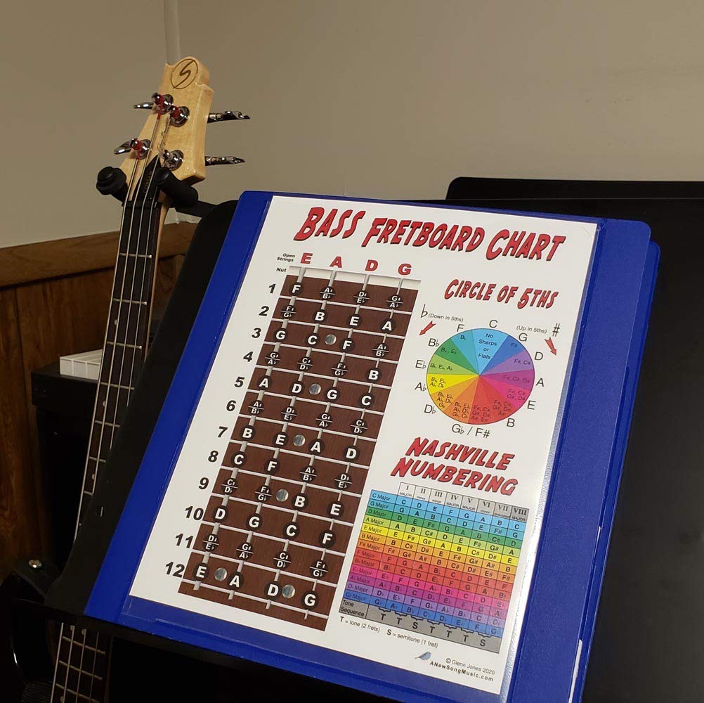 Laminated 4 String Bass Fretboard Notes Chart Nashville Number System & Circle of 5ths Easy Instructional Poster for Beginner for Notebook - A New Song Music 8.5 x 11