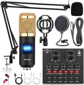 alpowl podcast equipment bundle, audio interface with all in one live sound card and bm-800 condenser microphone, perfect for recording, broadcasting, live streaming, youtube, tiktok (bm800-v8g)