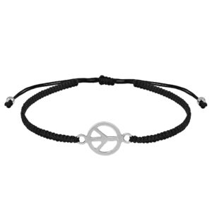 aeravida love inspired trendy hippie culture peace sign or symbol .925 sterling silver charm on cotton rope adjustable pull slide bracelet