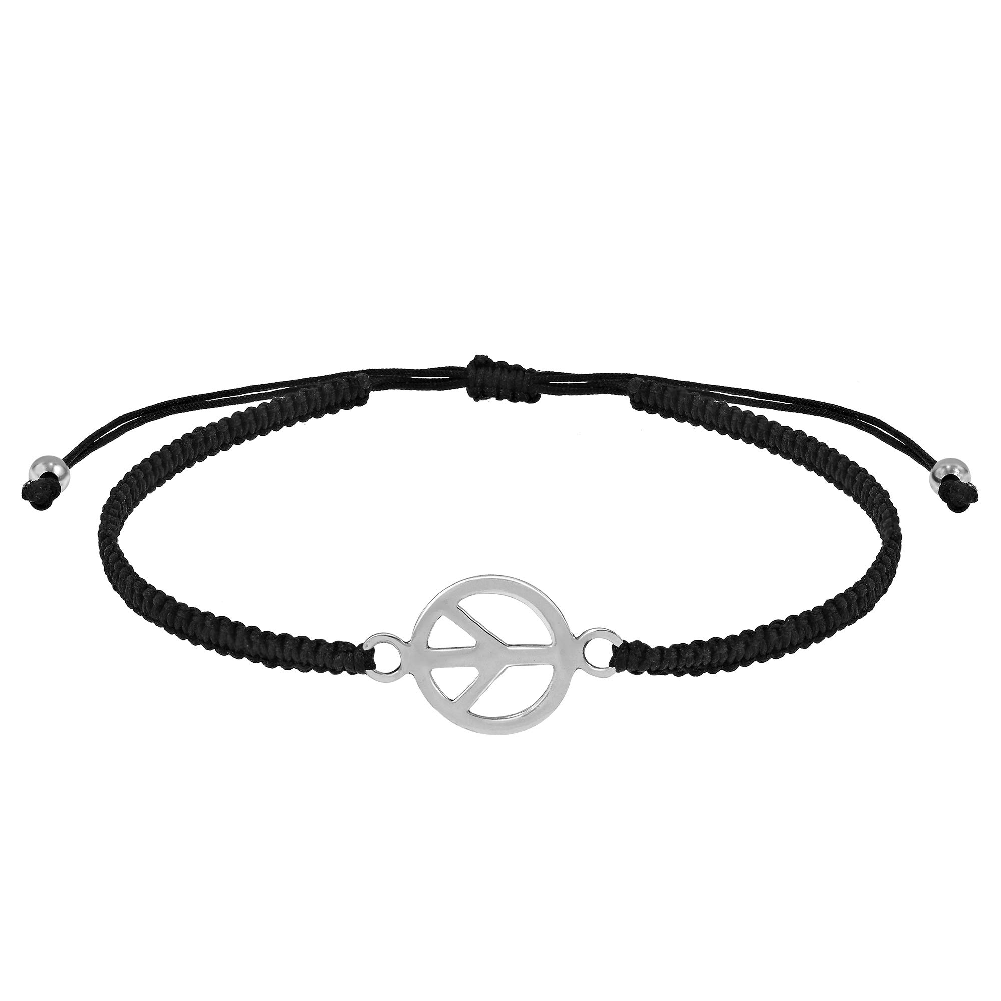 AeraVida Love Inspired Trendy Hippie Culture Peace Sign or Symbol .925 Sterling Silver Charm on Cotton Rope Adjustable Pull Slide Bracelet