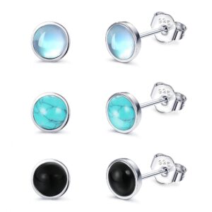 fansilver 4mm 925 sterling silver stud earrings for womens moonstone earrings turquoise black earrings round gemstone stud