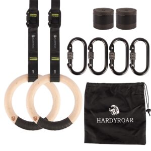 hardyroar wood gymnastic rings - gym equipment for crossfit, body training, exercise and workout - easy install carabiners, adjustable number straps, non slip grip tape rings