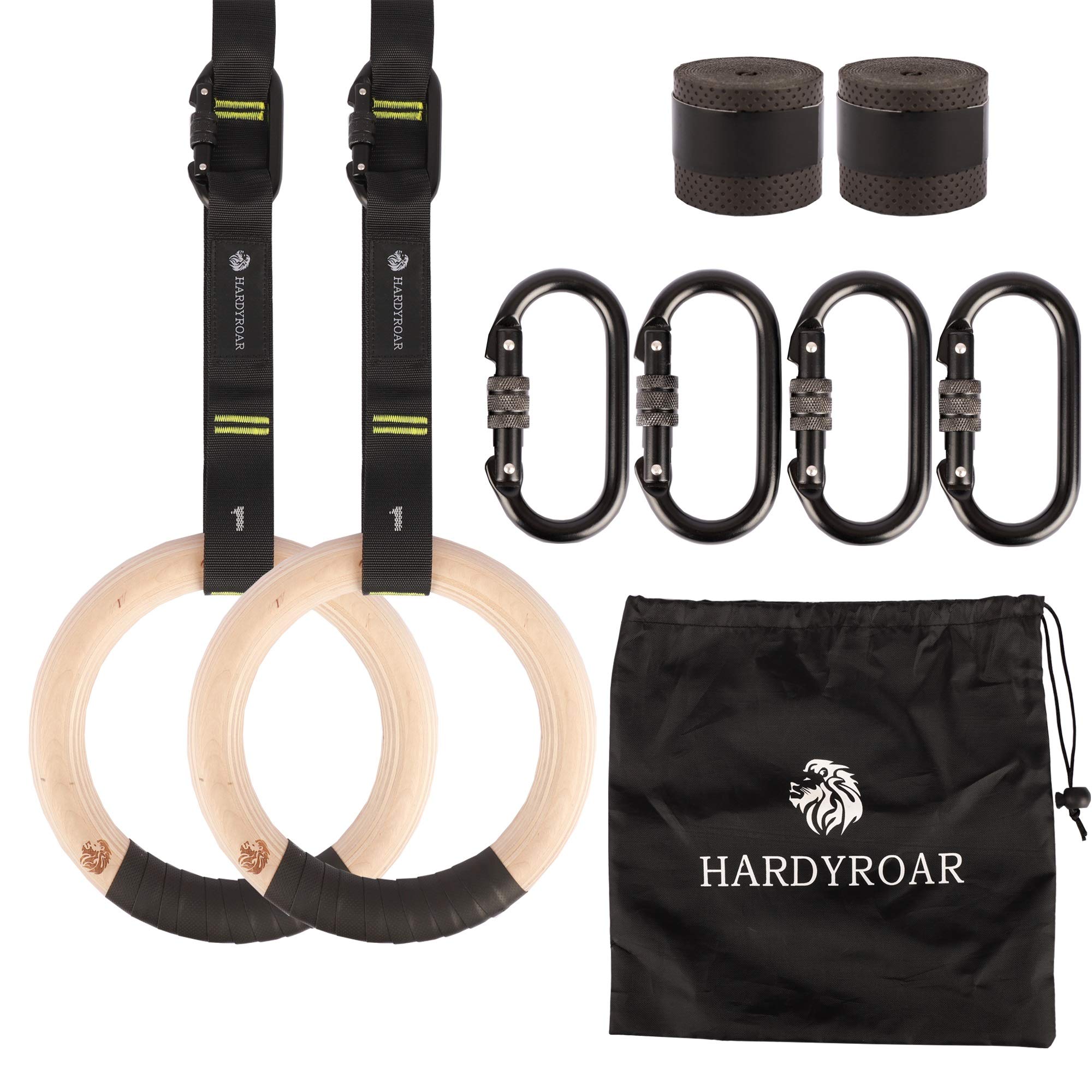 HARDYROAR Wood Gymnastic Rings - Gym Equipment for Crossfit, Body Training, Exercise and Workout - Easy Install Carabiners, Adjustable Number Straps, Non Slip Grip Tape Rings