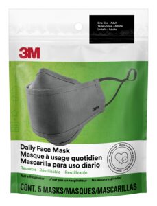 3m daily face mask, reusable, washable, adjustable ear loops, lightweight cotton fabric, 5 pack, gray