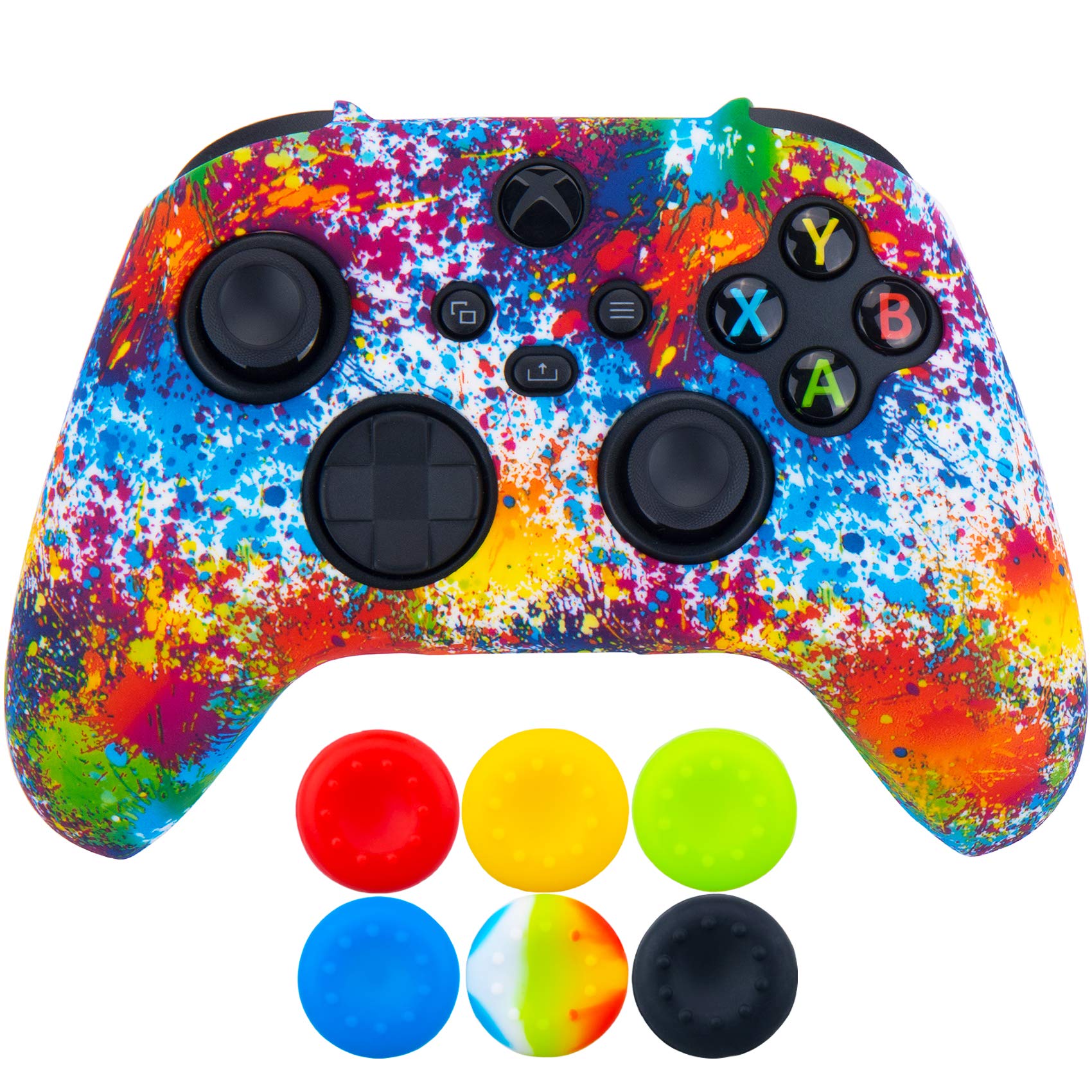 9CDeer 1 Piece of Silicone Transfer Print Protective Thick Cover Skin + 6 Thumb Grips for Xbox Series X/S Controller Paints