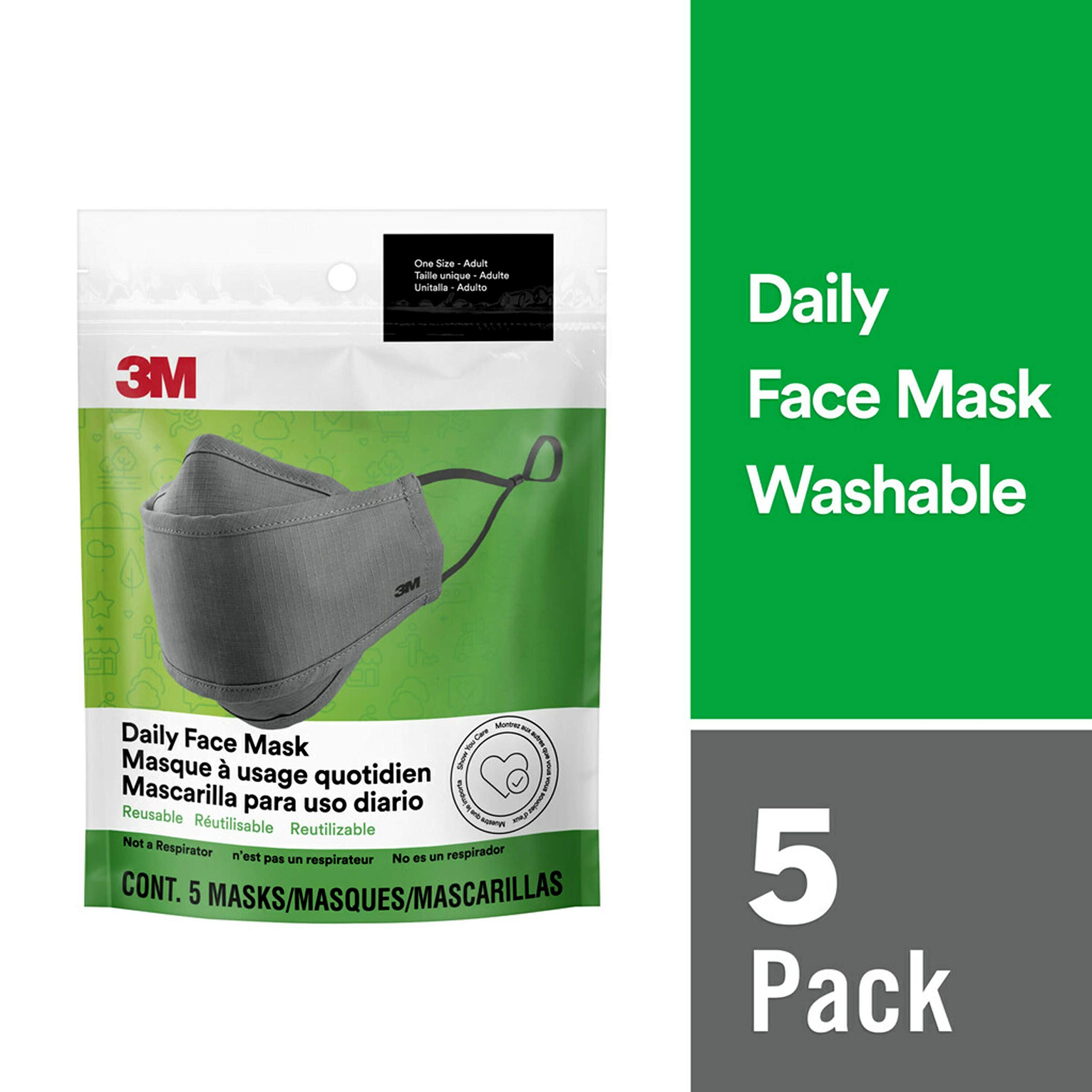 3M Daily Face Mask, Reusable, Washable, Adjustable Ear Loops, Lightweight Cotton Fabric, 5 Pack, Gray