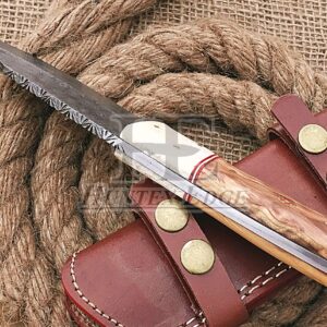 HUNTEX Handmade Hand-Forged Rain Drop Pattern Damascus Steel 9.5 Inch Long Full Tang Olive Wood Handle Razor Sharp Hunting Camping Gut Hook Knife w/Genuine Leather Pouch