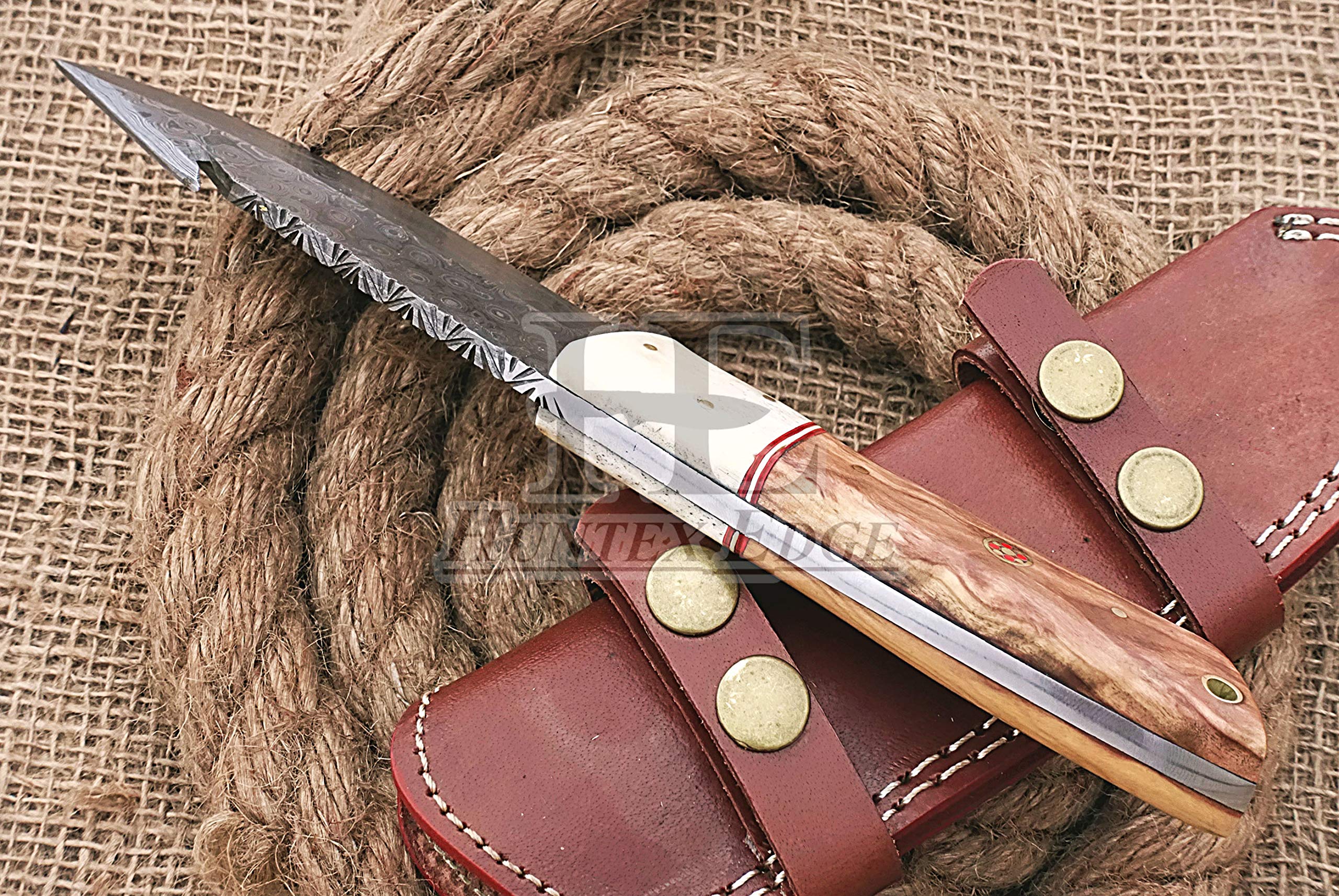 HUNTEX Handmade Hand-Forged Rain Drop Pattern Damascus Steel 9.5 Inch Long Full Tang Olive Wood Handle Razor Sharp Hunting Camping Gut Hook Knife w/Genuine Leather Pouch