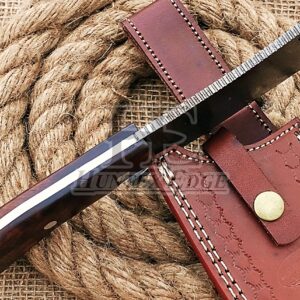 HUNTEX Handmade Hand-Forged Twist Pattern Damascus Steel 9 Inch Long Full Tang Walnut Wood Handle Razor Sharp Hunting Camping Cleaver Knife w/Genuine Leather Sheath