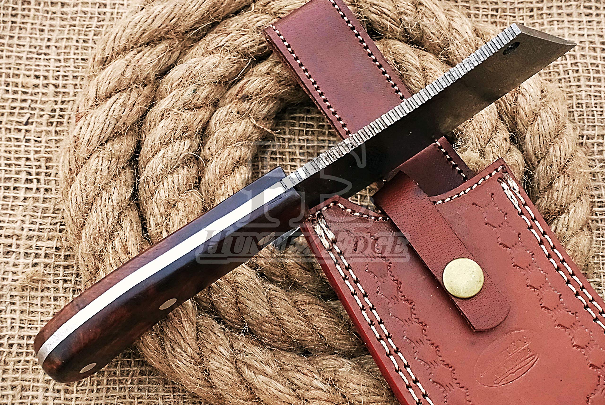 HUNTEX Handmade Hand-Forged Twist Pattern Damascus Steel 9 Inch Long Full Tang Walnut Wood Handle Razor Sharp Hunting Camping Cleaver Knife w/Genuine Leather Sheath