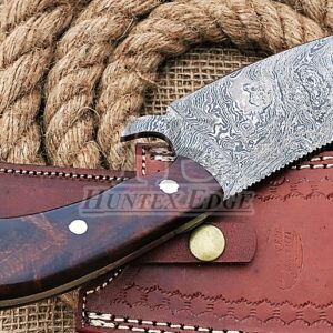 HUNTEX Handmade Hand-Forged Twist Pattern Damascus Steel 9 Inch Long Full Tang Walnut Wood Handle Razor Sharp Hunting Camping Cleaver Knife w/Genuine Leather Sheath