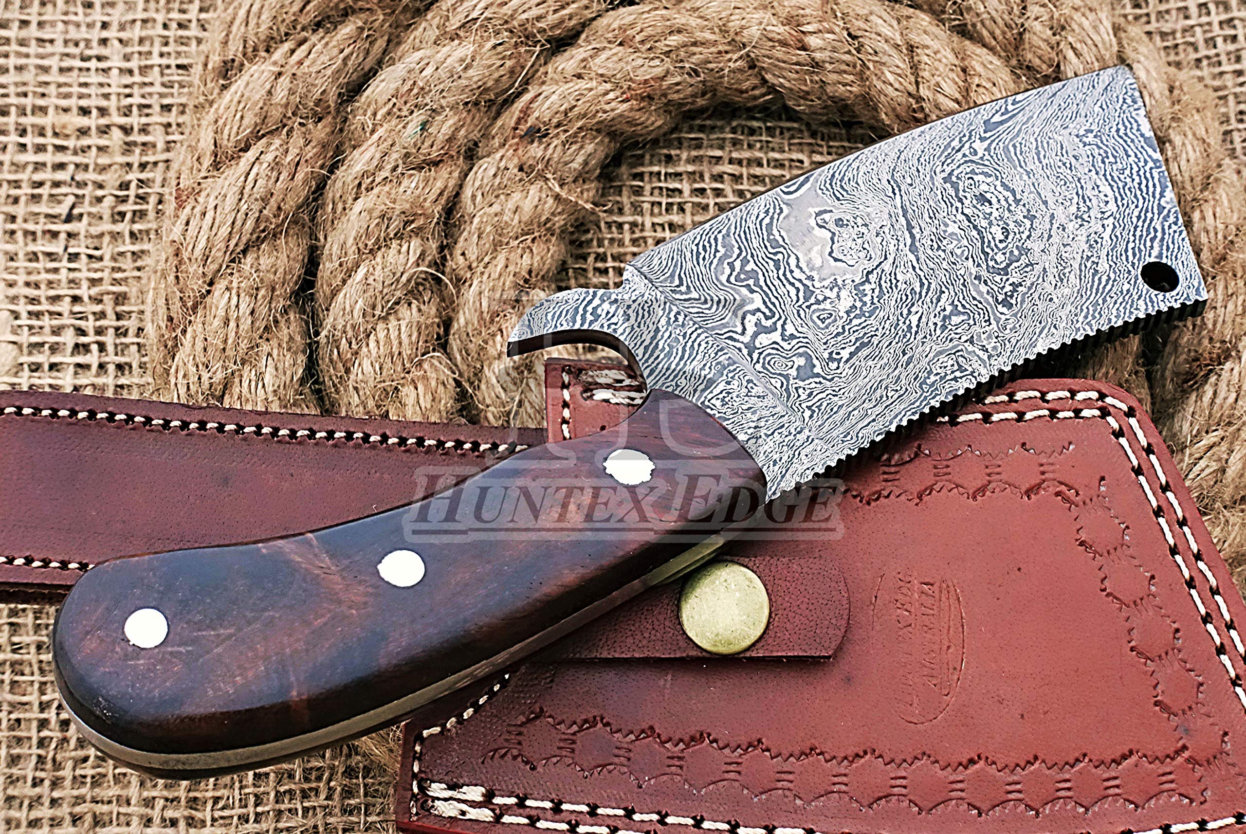 HUNTEX Handmade Hand-Forged Twist Pattern Damascus Steel 9 Inch Long Full Tang Walnut Wood Handle Razor Sharp Hunting Camping Cleaver Knife w/Genuine Leather Sheath