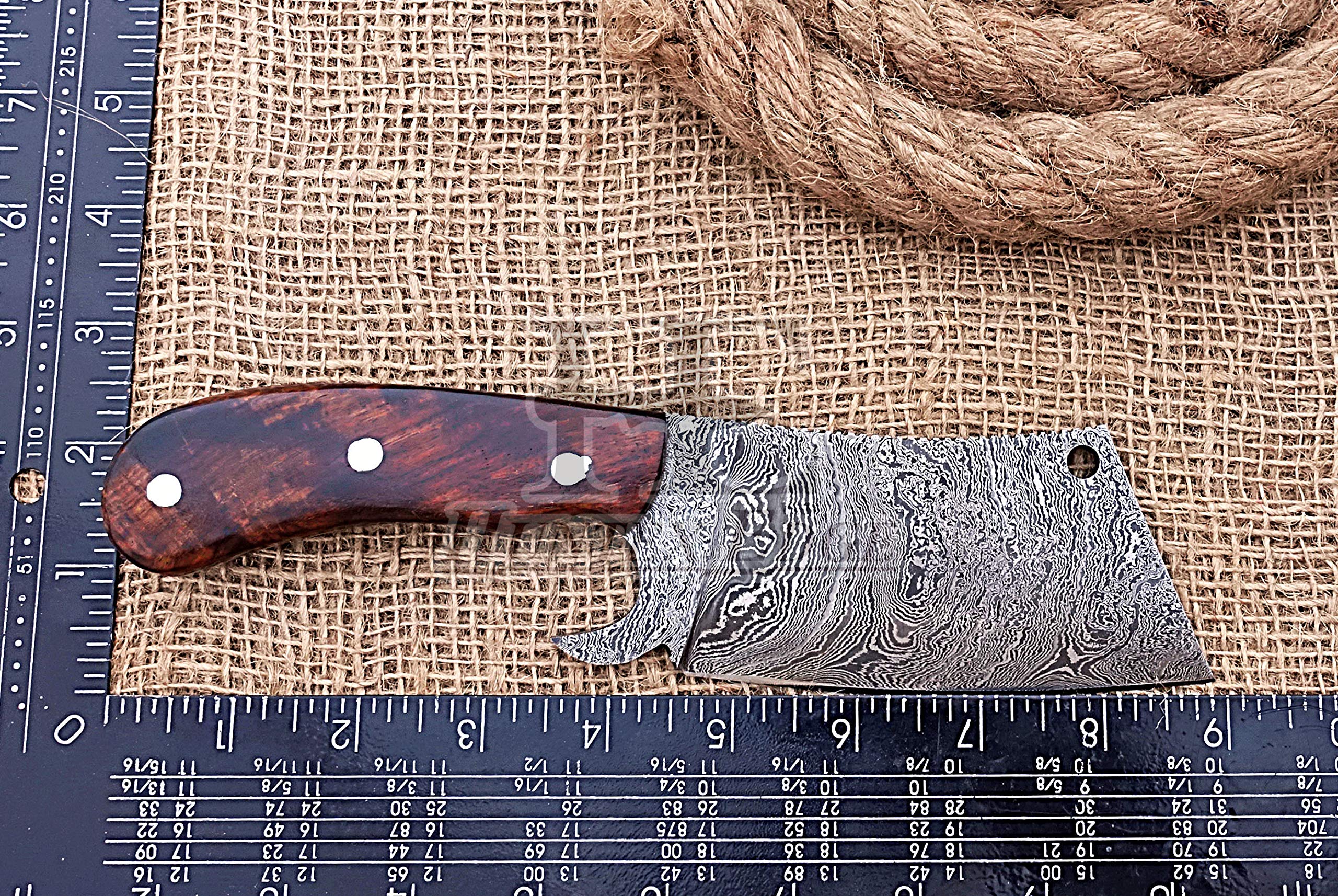 HUNTEX Handmade Hand-Forged Twist Pattern Damascus Steel 9 Inch Long Full Tang Walnut Wood Handle Razor Sharp Hunting Camping Cleaver Knife w/Genuine Leather Sheath