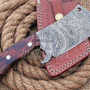 HUNTEX Handmade Hand-Forged Twist Pattern Damascus Steel 9 Inch Long Full Tang Walnut Wood Handle Razor Sharp Hunting Camping Cleaver Knife w/Genuine Leather Sheath