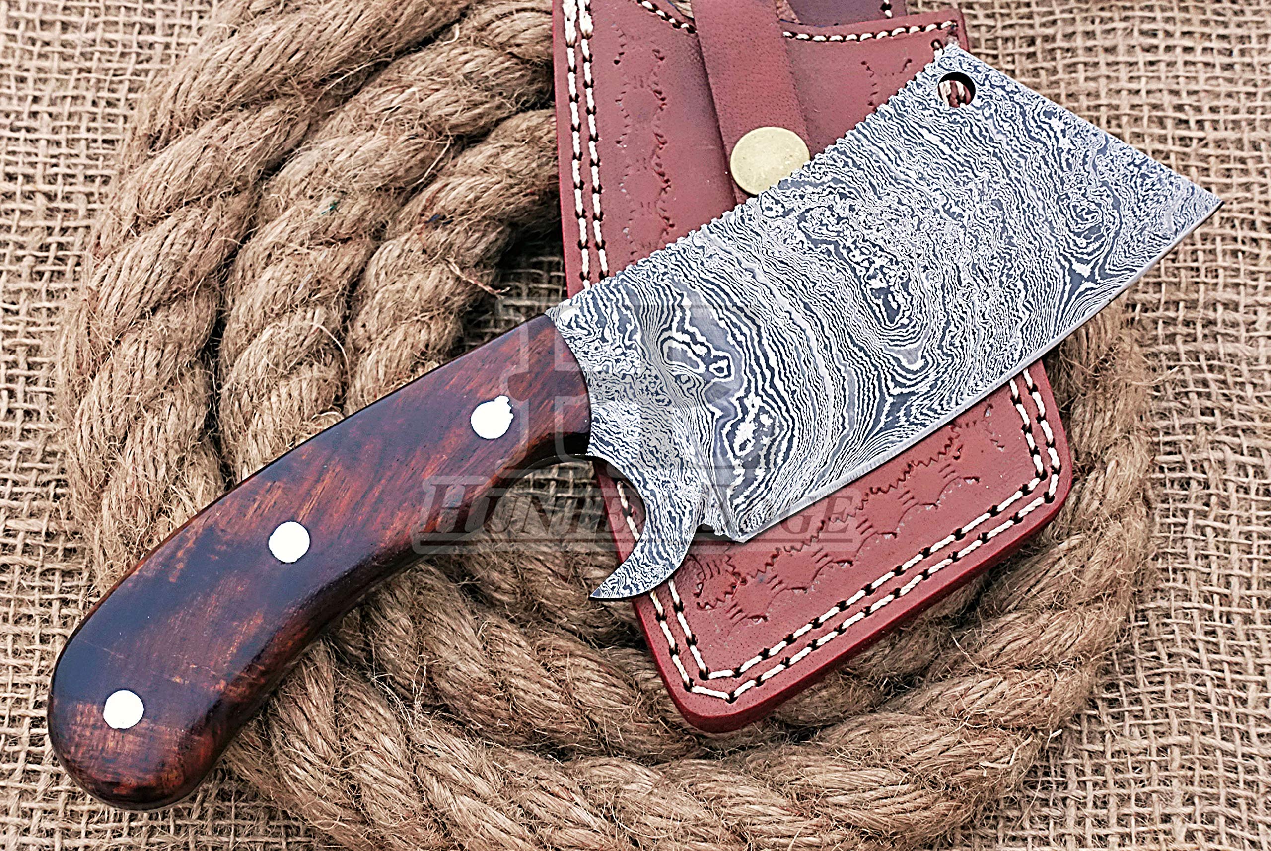 HUNTEX Handmade Hand-Forged Twist Pattern Damascus Steel 9 Inch Long Full Tang Walnut Wood Handle Razor Sharp Hunting Camping Cleaver Knife w/Genuine Leather Sheath