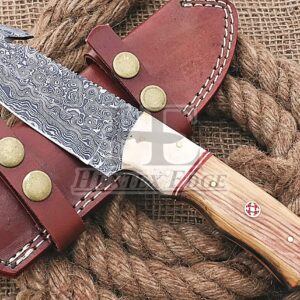 HUNTEX Handmade Hand-Forged Rain Drop Pattern Damascus Steel 9.5 Inch Long Full Tang Olive Wood Handle Razor Sharp Hunting Camping Gut Hook Knife w/Genuine Leather Pouch