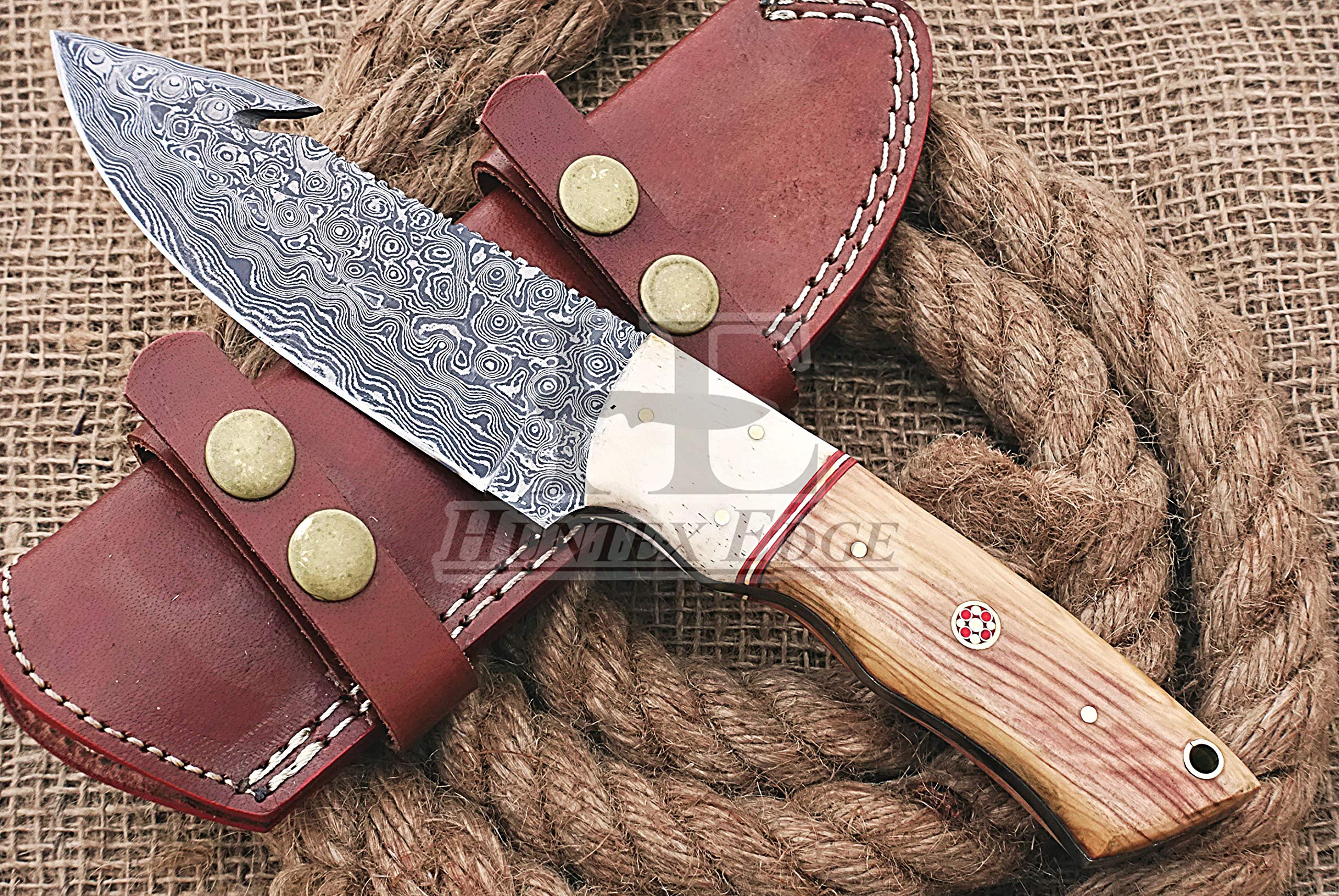 HUNTEX Handmade Hand-Forged Rain Drop Pattern Damascus Steel 9.5 Inch Long Full Tang Olive Wood Handle Razor Sharp Hunting Camping Gut Hook Knife w/Genuine Leather Pouch