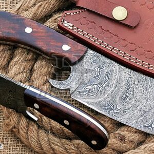 HUNTEX Handmade Hand-Forged Twist Pattern Damascus Steel 9 Inch Long Full Tang Walnut Wood Handle Razor Sharp Hunting Camping Cleaver Knife w/Genuine Leather Sheath