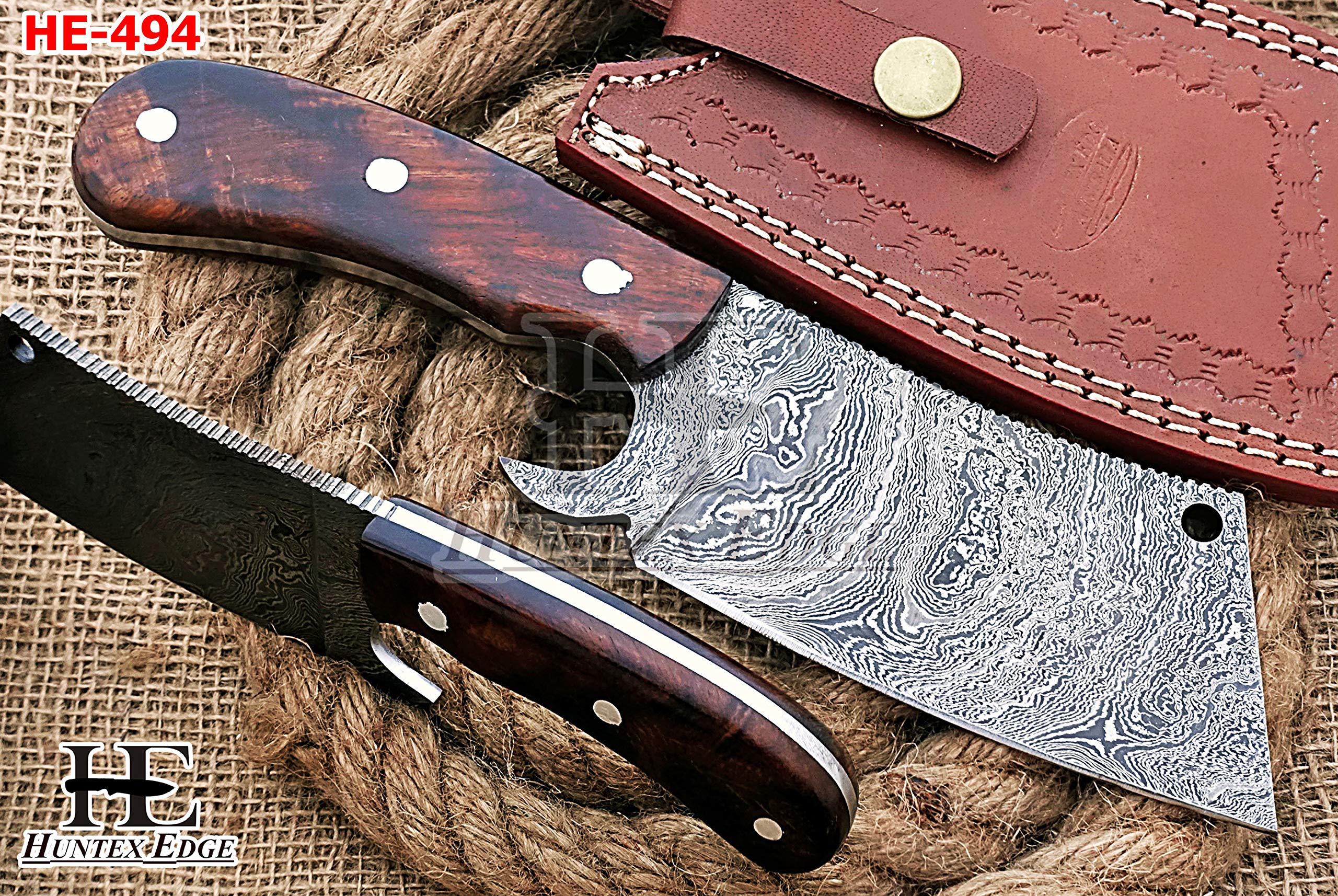 HUNTEX Handmade Hand-Forged Twist Pattern Damascus Steel 9 Inch Long Full Tang Walnut Wood Handle Razor Sharp Hunting Camping Cleaver Knife w/Genuine Leather Sheath