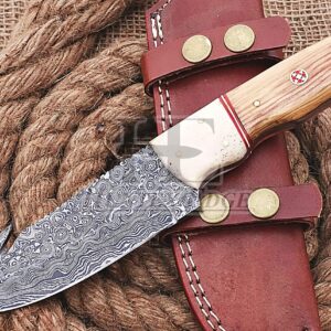 HUNTEX Handmade Hand-Forged Rain Drop Pattern Damascus Steel 9.5 Inch Long Full Tang Olive Wood Handle Razor Sharp Hunting Camping Gut Hook Knife w/Genuine Leather Pouch