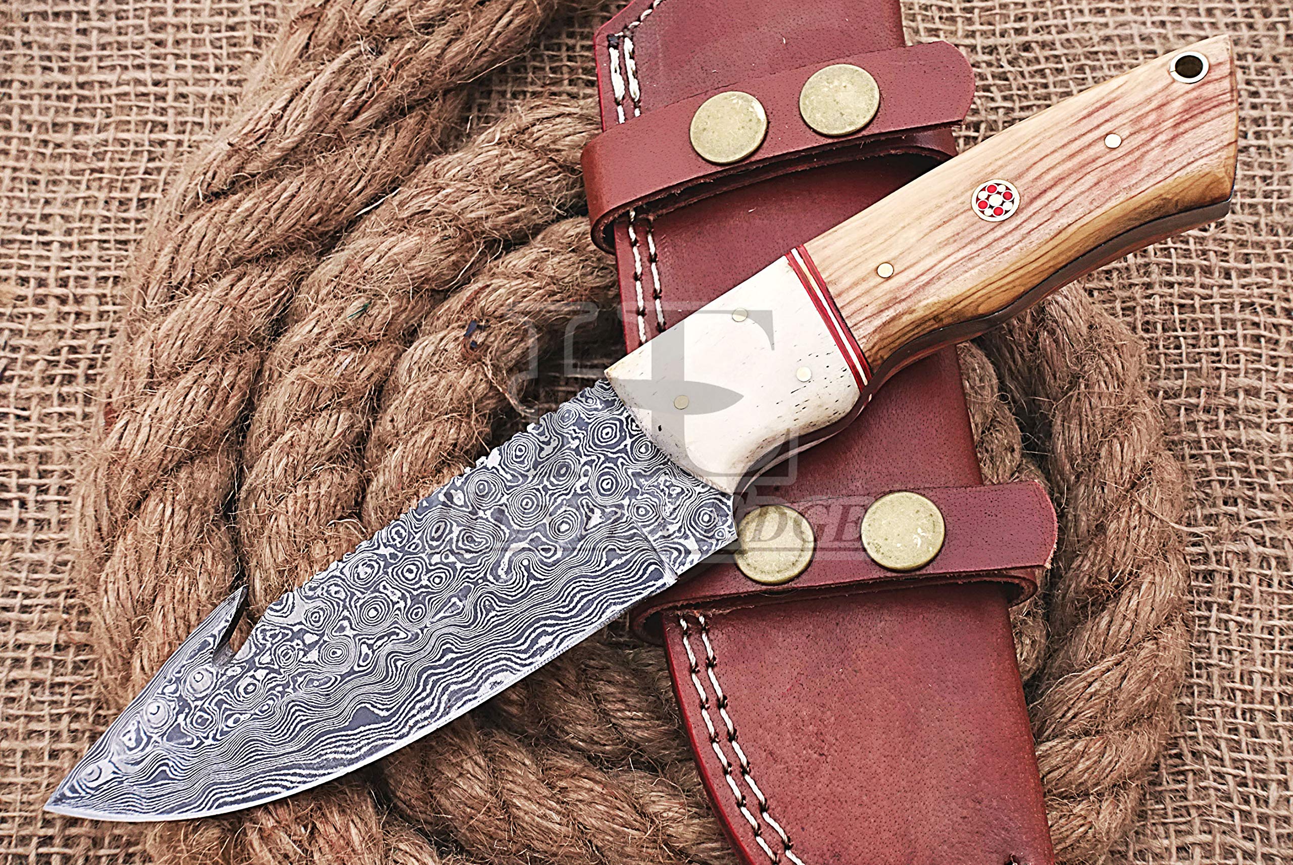 HUNTEX Handmade Hand-Forged Rain Drop Pattern Damascus Steel 9.5 Inch Long Full Tang Olive Wood Handle Razor Sharp Hunting Camping Gut Hook Knife w/Genuine Leather Pouch