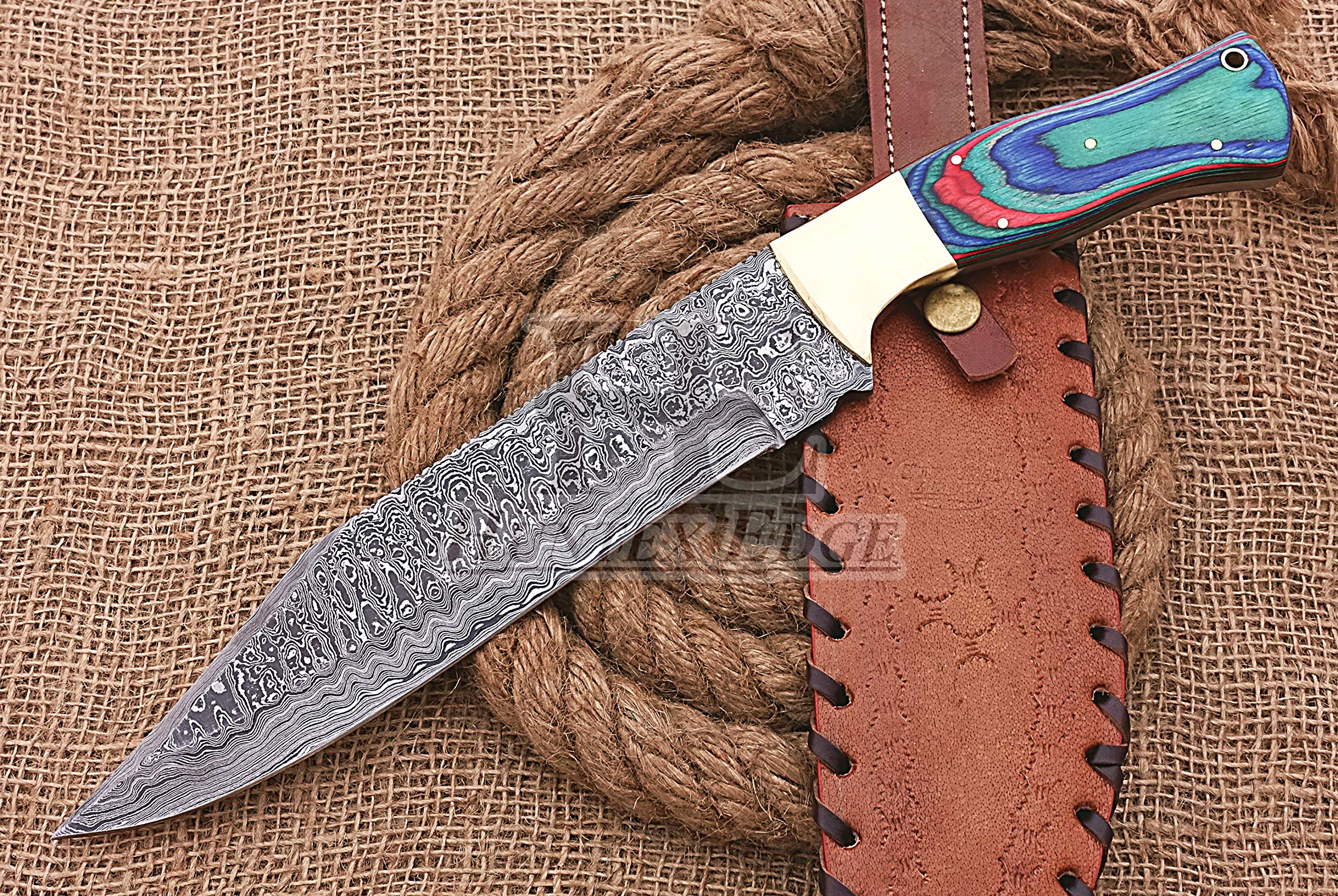 HUNTEX Handmade Hand-Forged Rain Drop Pattern Damascus Steel 14 Inch Long Full Tang Pakka Wood Handle Razor Sharp Hunting Camping Bowie Knife w/Genuine Leather Sheath