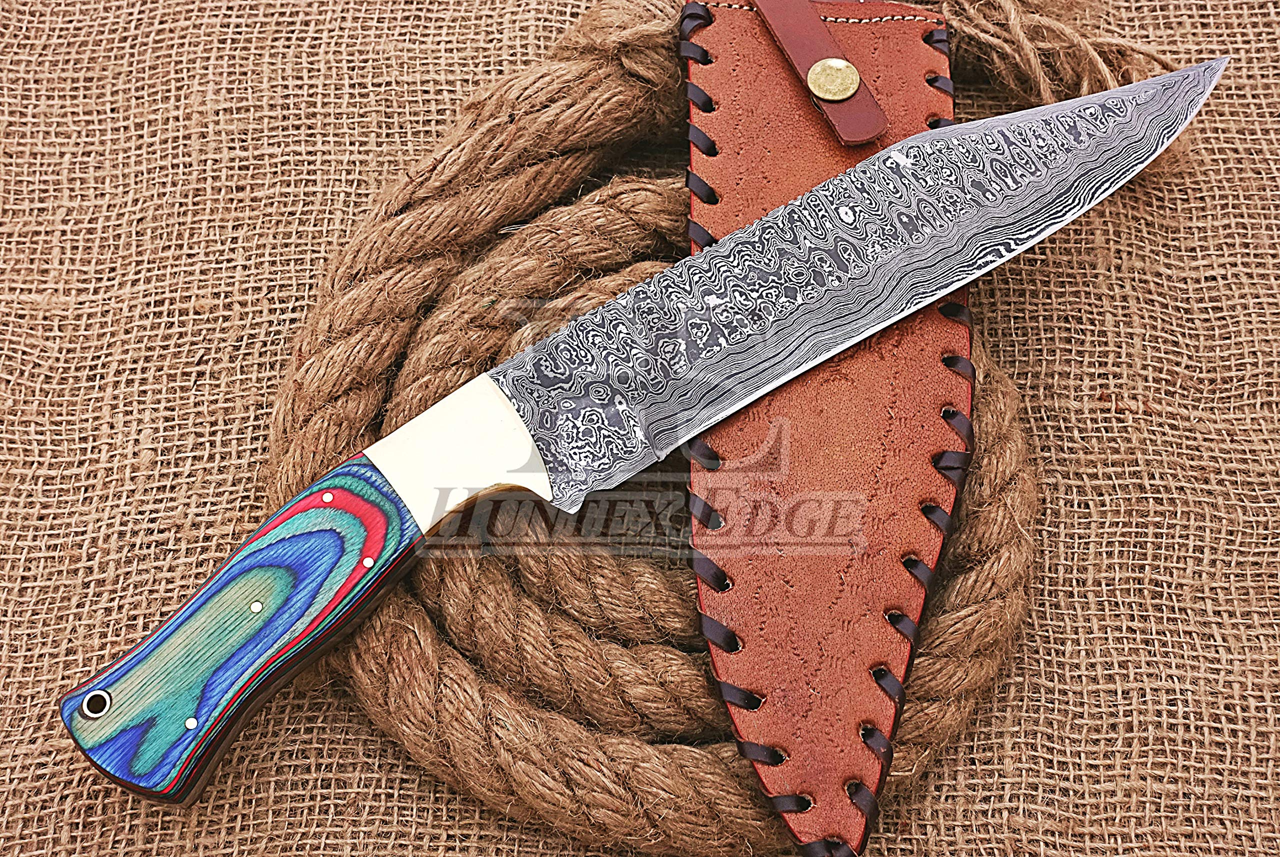 HUNTEX Handmade Hand-Forged Rain Drop Pattern Damascus Steel 14 Inch Long Full Tang Pakka Wood Handle Razor Sharp Hunting Camping Bowie Knife w/Genuine Leather Sheath