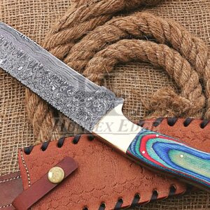 HUNTEX Handmade Hand-Forged Rain Drop Pattern Damascus Steel 14 Inch Long Full Tang Pakka Wood Handle Razor Sharp Hunting Camping Bowie Knife w/Genuine Leather Sheath