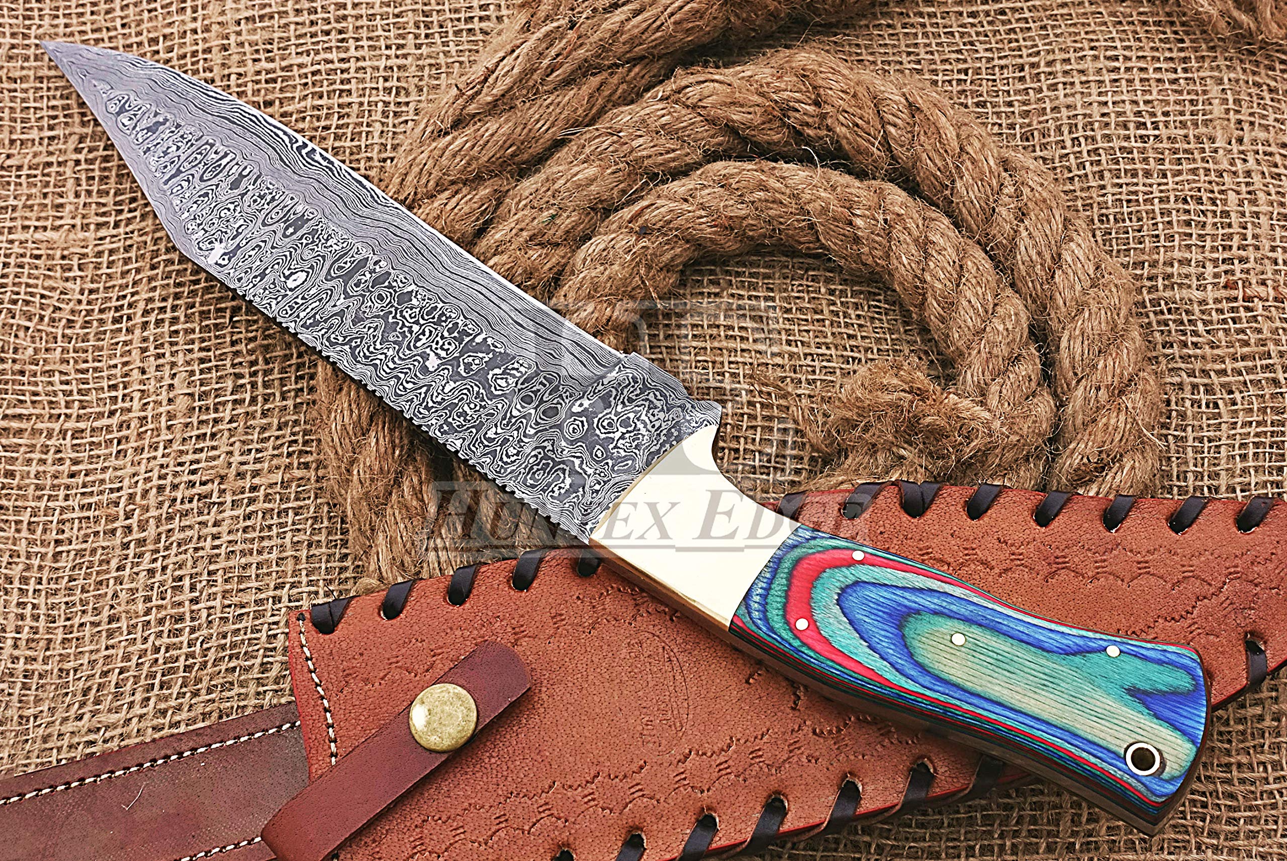 HUNTEX Handmade Hand-Forged Rain Drop Pattern Damascus Steel 14 Inch Long Full Tang Pakka Wood Handle Razor Sharp Hunting Camping Bowie Knife w/Genuine Leather Sheath