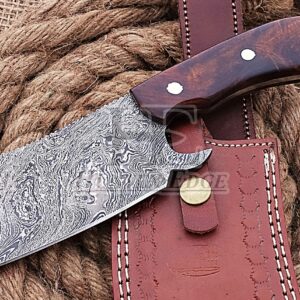 HUNTEX Handmade Hand-Forged Twist Pattern Damascus Steel 9 Inch Long Full Tang Walnut Wood Handle Razor Sharp Hunting Camping Cleaver Knife w/Genuine Leather Sheath