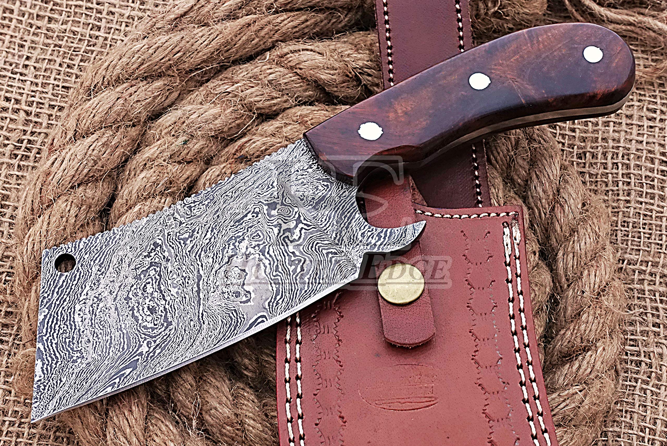 HUNTEX Handmade Hand-Forged Twist Pattern Damascus Steel 9 Inch Long Full Tang Walnut Wood Handle Razor Sharp Hunting Camping Cleaver Knife w/Genuine Leather Sheath