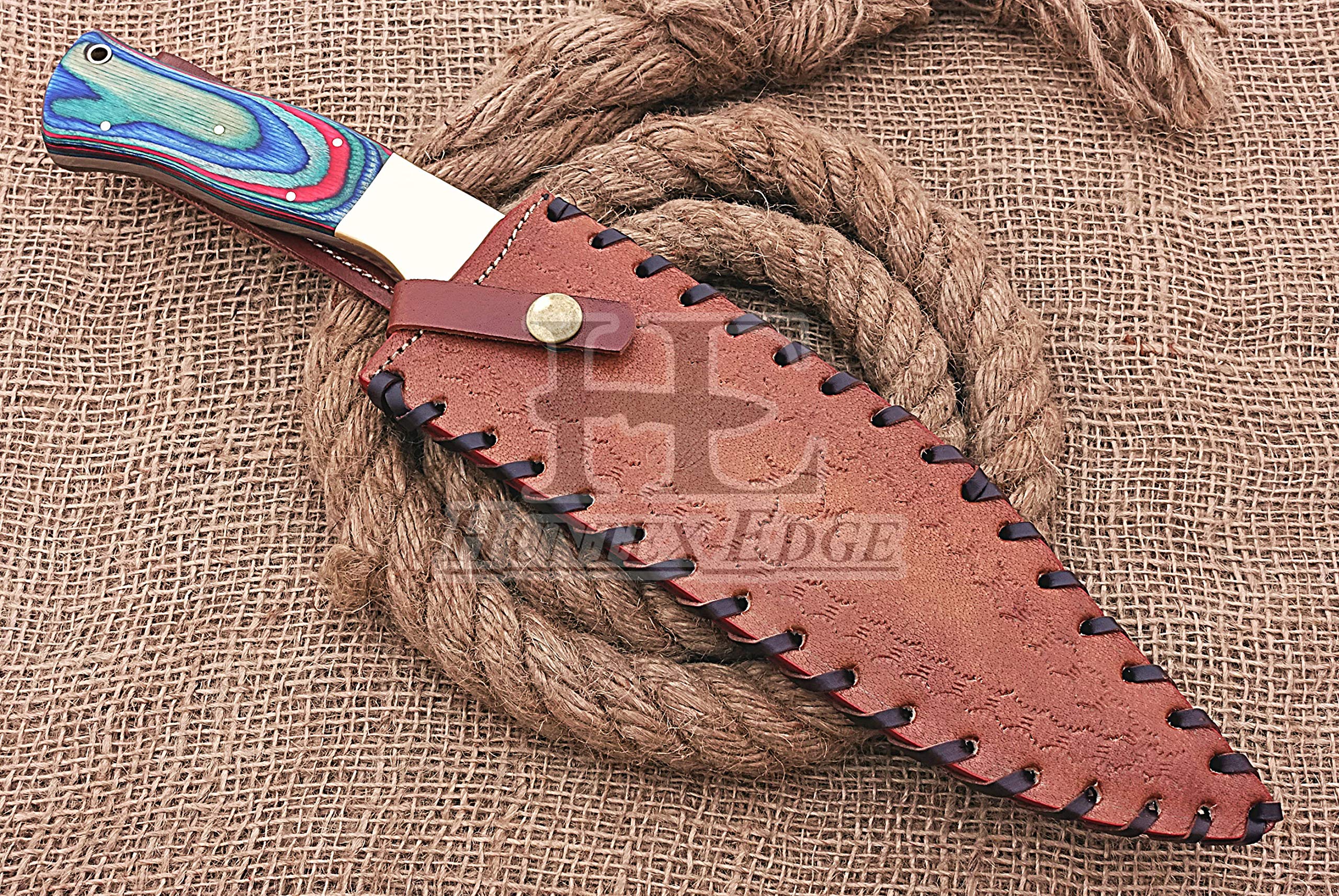 HUNTEX Handmade Hand-Forged Rain Drop Pattern Damascus Steel 14 Inch Long Full Tang Pakka Wood Handle Razor Sharp Hunting Camping Bowie Knife w/Genuine Leather Sheath