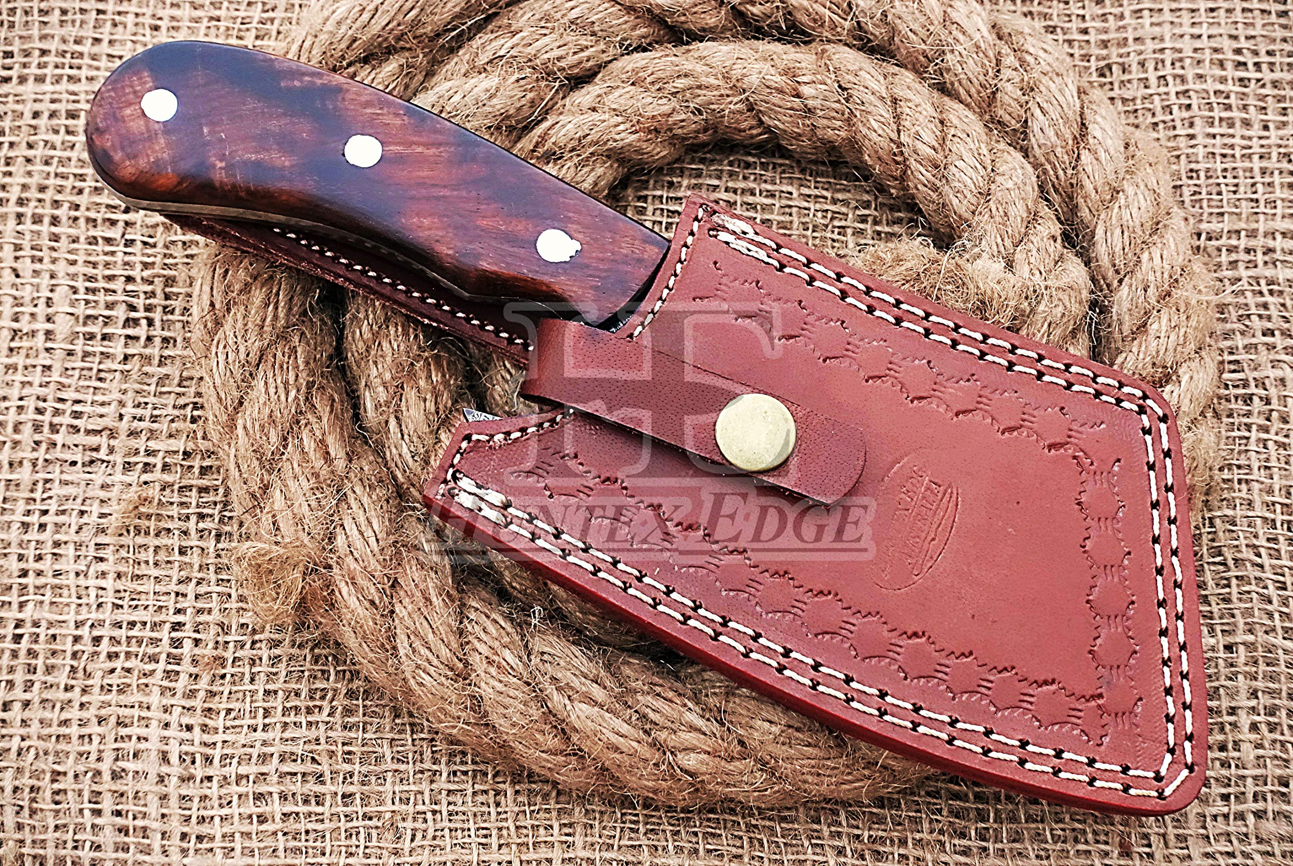 HUNTEX Handmade Hand-Forged Twist Pattern Damascus Steel 9 Inch Long Full Tang Walnut Wood Handle Razor Sharp Hunting Camping Cleaver Knife w/Genuine Leather Sheath