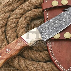 HUNTEX Handmade Hand-Forged Rain Drop Pattern Damascus Steel 9.5 Inch Long Full Tang Olive Wood Handle Razor Sharp Hunting Camping Gut Hook Knife w/Genuine Leather Pouch