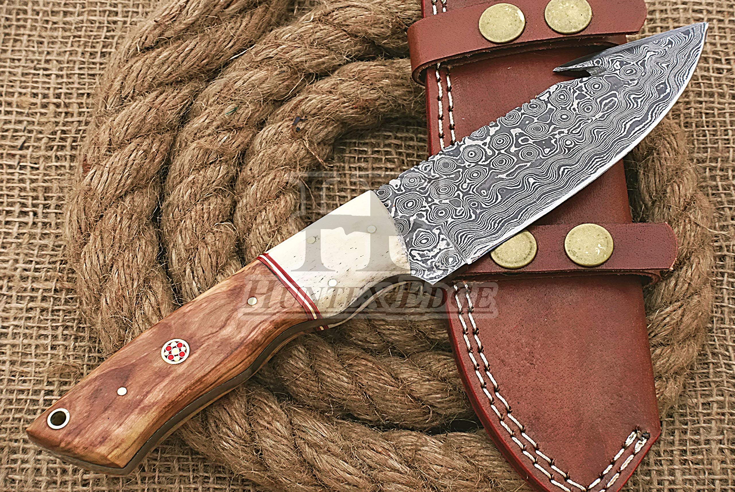 HUNTEX Handmade Hand-Forged Rain Drop Pattern Damascus Steel 9.5 Inch Long Full Tang Olive Wood Handle Razor Sharp Hunting Camping Gut Hook Knife w/Genuine Leather Pouch