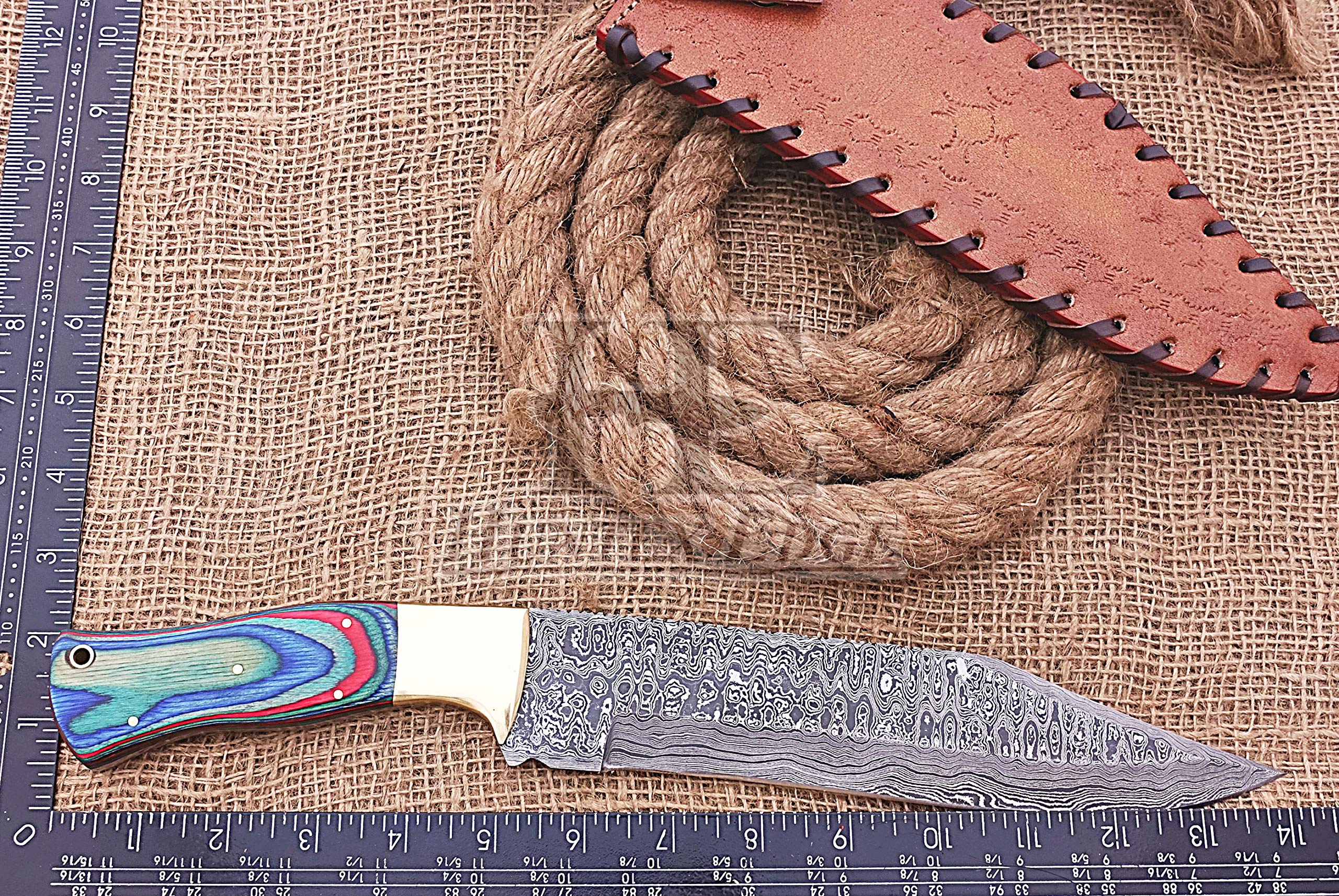 HUNTEX Handmade Hand-Forged Rain Drop Pattern Damascus Steel 14 Inch Long Full Tang Pakka Wood Handle Razor Sharp Hunting Camping Bowie Knife w/Genuine Leather Sheath