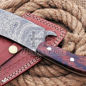 HUNTEX Handmade Hand-Forged Twist Pattern Damascus Steel 9 Inch Long Full Tang Walnut Wood Handle Razor Sharp Hunting Camping Cleaver Knife w/Genuine Leather Sheath