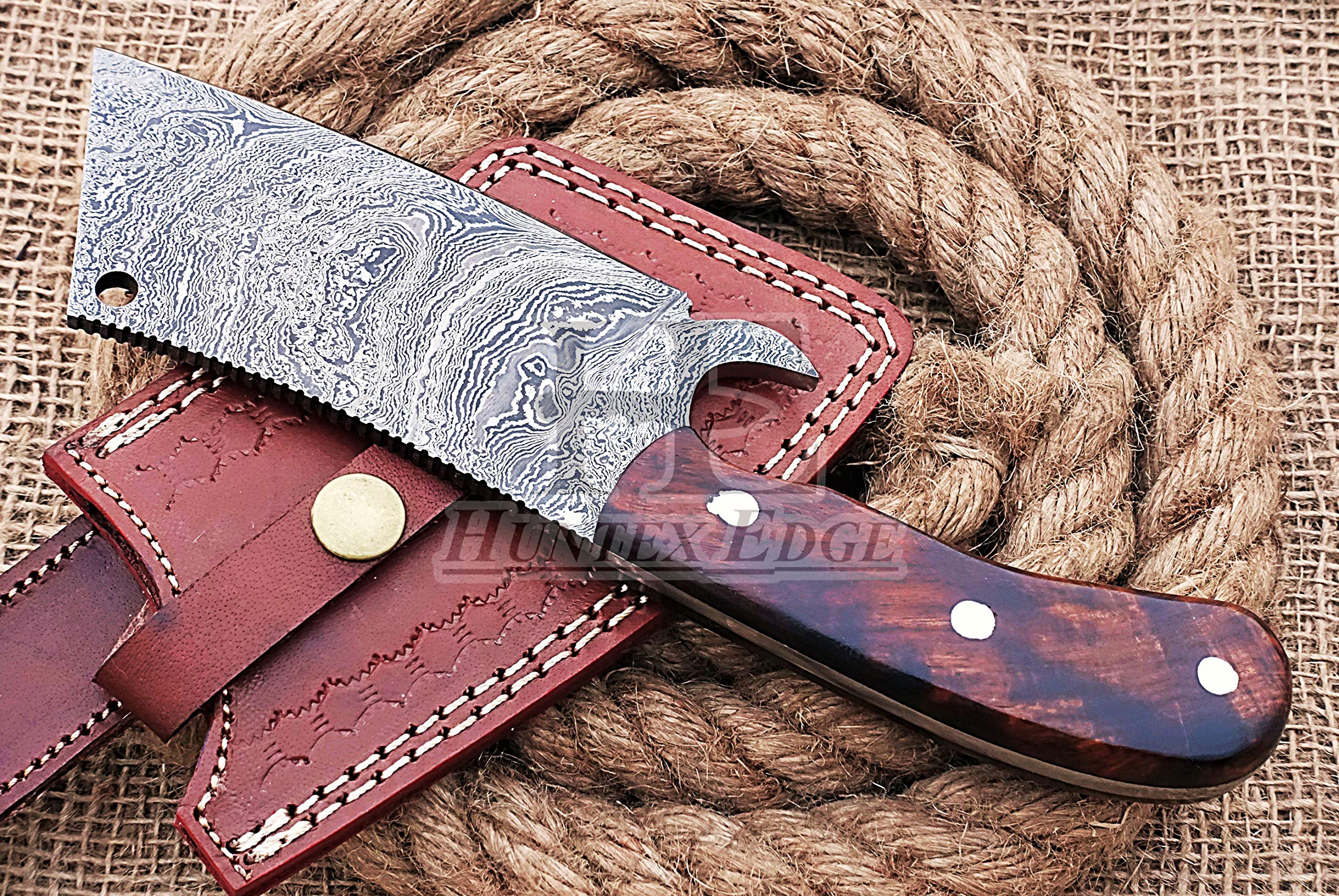 HUNTEX Handmade Hand-Forged Twist Pattern Damascus Steel 9 Inch Long Full Tang Walnut Wood Handle Razor Sharp Hunting Camping Cleaver Knife w/Genuine Leather Sheath