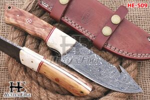 huntex handmade hand-forged rain drop pattern damascus steel 9.5 inch long full tang olive wood handle razor sharp hunting camping gut hook knife w/genuine leather pouch