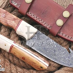 HUNTEX Handmade Hand-Forged Rain Drop Pattern Damascus Steel 9.5 Inch Long Full Tang Olive Wood Handle Razor Sharp Hunting Camping Gut Hook Knife w/Genuine Leather Pouch