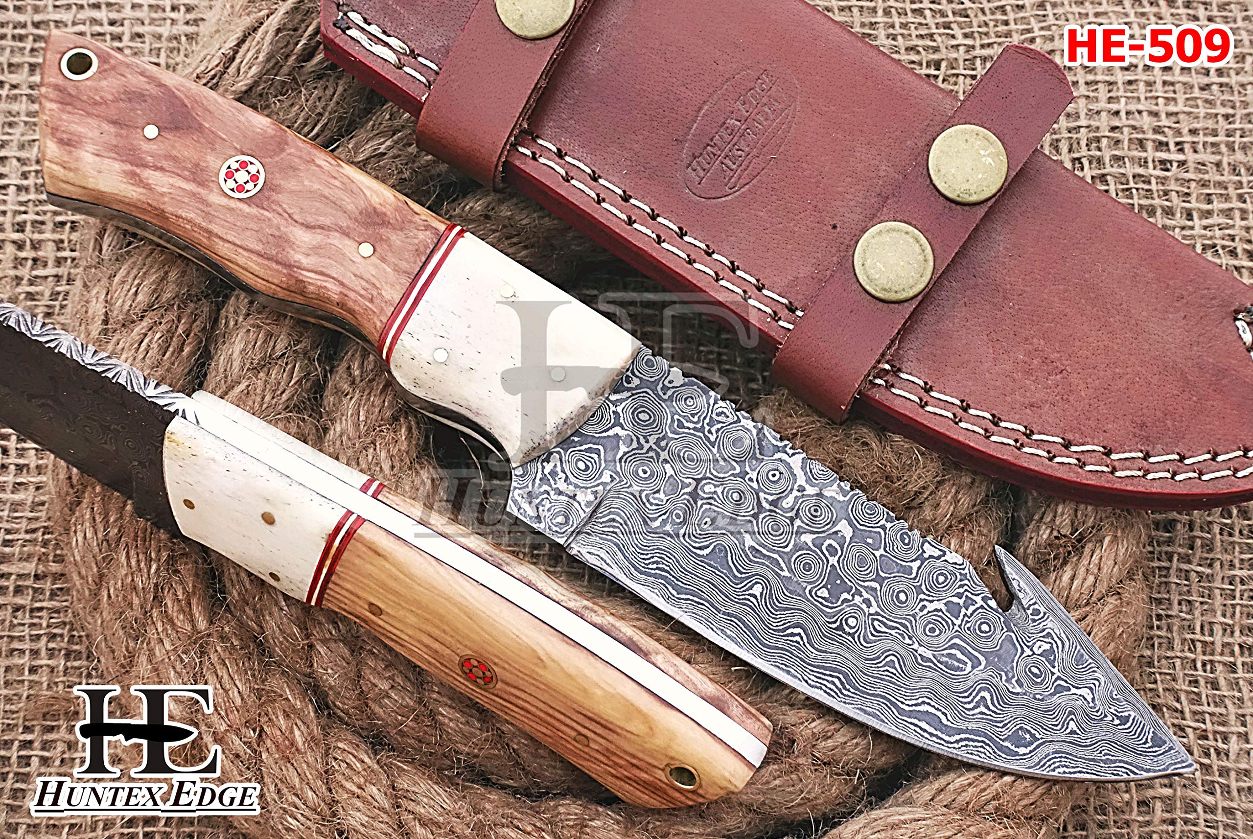 HUNTEX Handmade Hand-Forged Rain Drop Pattern Damascus Steel 9.5 Inch Long Full Tang Olive Wood Handle Razor Sharp Hunting Camping Gut Hook Knife w/Genuine Leather Pouch