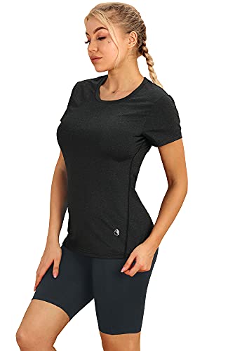 icyzone Workout Running Tshirts for Women - Fitness Athletic Yoga Tops Exercise Gym Shirts (Pack of 3) (L, Black/Navy/Rose Wine)