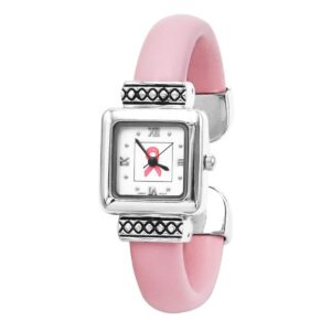 rosemarie & jubalee women's breast cancer pink ribbon stylish square face vegan leather hinged cuff bracelet watch, 2.25"