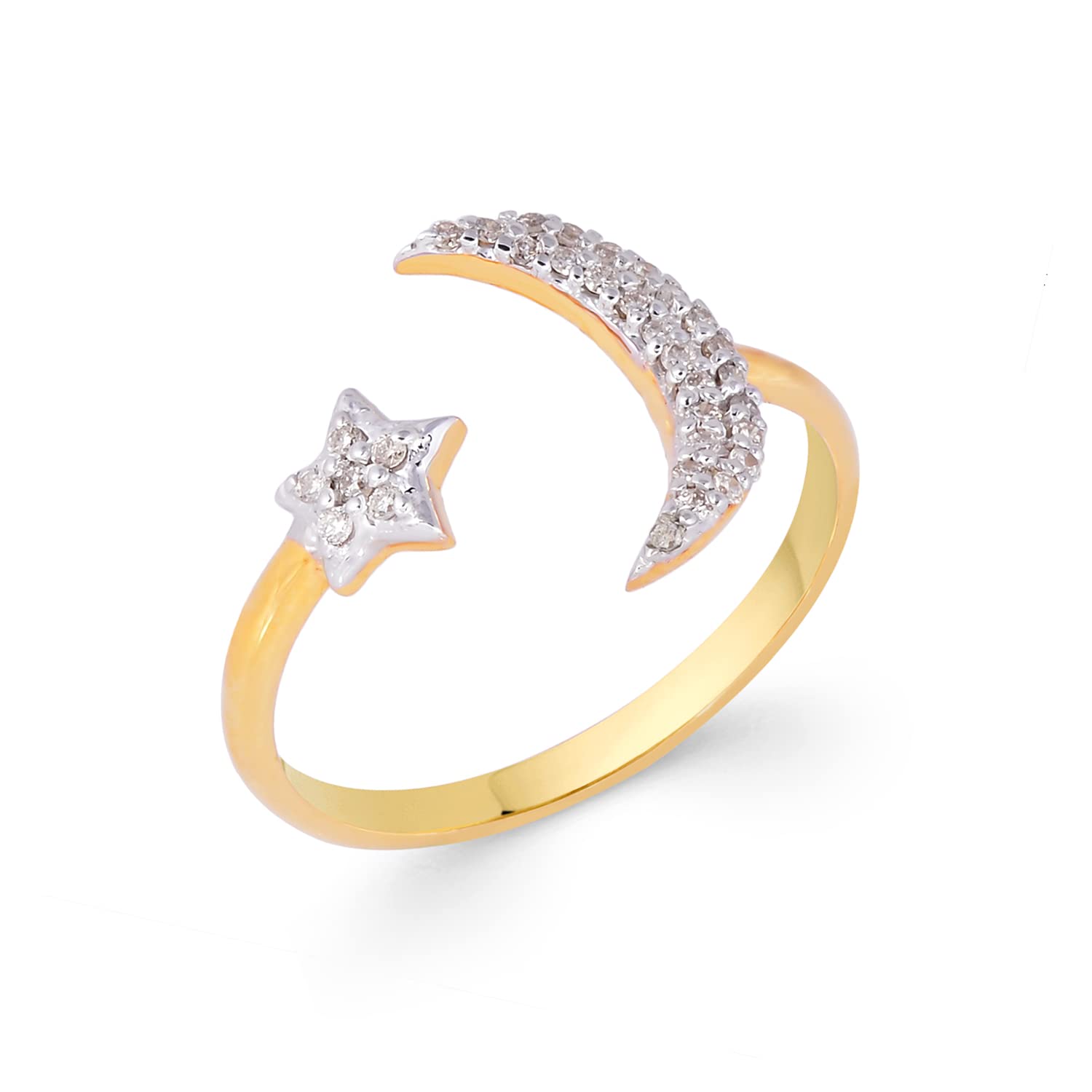 Certified 14K Yellow Gold Moon Star Stackable Ring 0.11 Carat Natural Real Diamonds (H I Color, Vs2 Si1 Clarity) Proposal Gift Women Jewelry