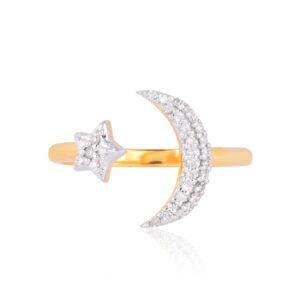 Certified 14K Yellow Gold Moon Star Stackable Ring 0.11 Carat Natural Real Diamonds (H I Color, Vs2 Si1 Clarity) Proposal Gift Women Jewelry