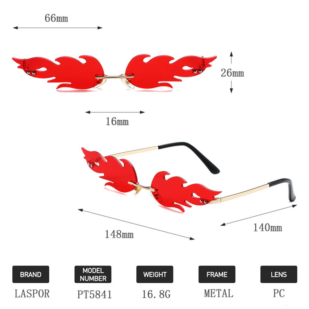 LASPOR Fire Flame Sunglasses for Women Men Retro Wave Rimless Glasses Vintage Fire Shape Gold Metal Frameless Eyewear (Red No.2)