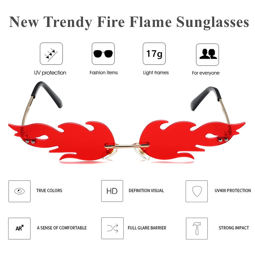 LASPOR Fire Flame Sunglasses for Women Men Retro Wave Rimless Glasses Vintage Fire Shape Gold Metal Frameless Eyewear (Red No.2)